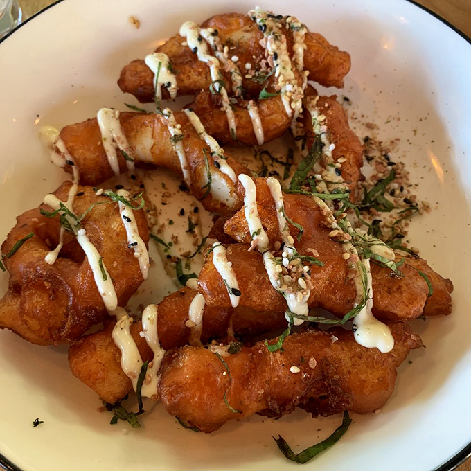 Calamari fries with their golden jackets and saucy drizzle prove that squid deserves better than being relegated to bait status.