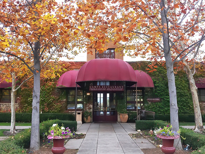 Camps Restaurant dresses up for autumn like it's going to a fancy dinner party. Those burgundy awnings are practically edible.