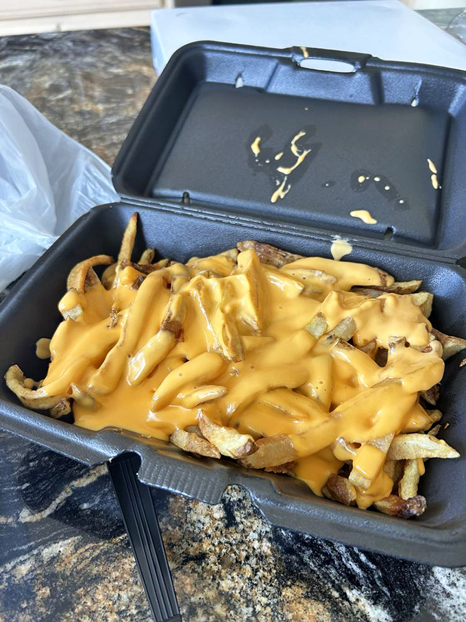 Cheese fries that defy physics&mdash;somehow maintaining that perfect molten state from first bite to last. A golden, gooey masterpiece in a humble to-go container.