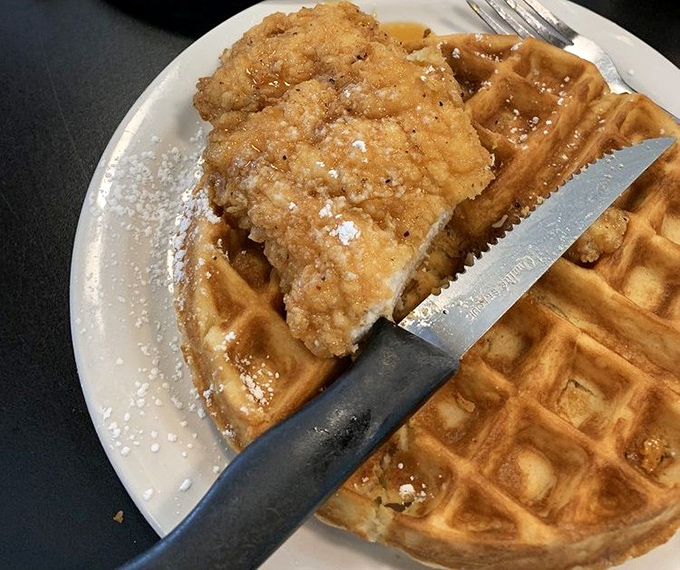 Chicken and waffles: the breakfast-lunch alliance that proves some of history's greatest partnerships involve maple syrup and fried food.
