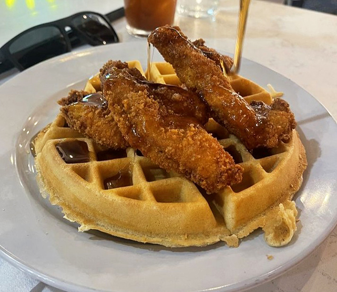 Chicken and waffles: the breakfast equivalent of a power couple, where sweet meets savory in perfect harmony.