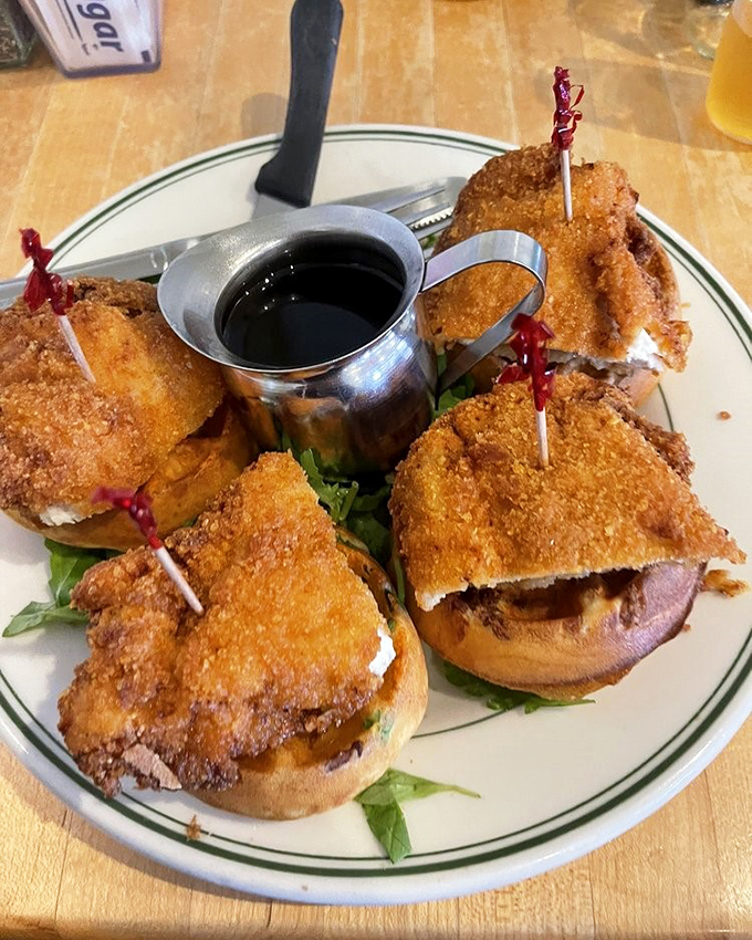 Chicken and waffles: the breakfast-lunch hybrid that proves some of the best relationships are unexpected. Sweet meets savory in perfect harmony.