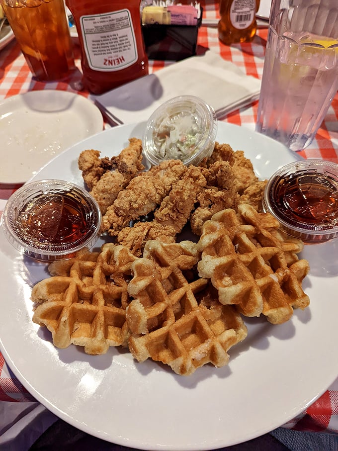 The ultimate breakfast-dinner compromise that nobody's complaining about. Crispy chicken meets fluffy waffles in perfect harmony.