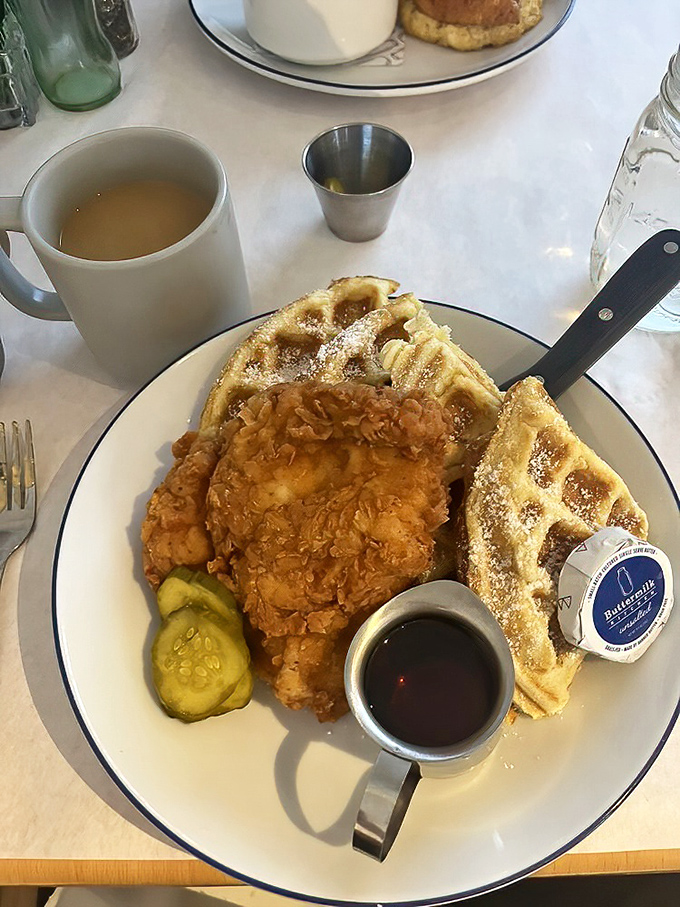 The chicken and waffles that launched a thousand road trips&mdash;golden fried perfection meets fluffy waffle with maple syrup standing by to mediate this perfect union.