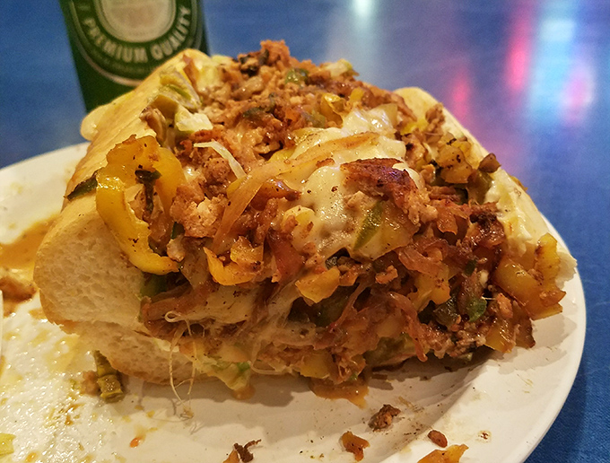 The chicken cheesesteak arrives looking like it's ready for its own Food Network special&mdash;a glorious mess of flavors that requires both hands and several napkins.