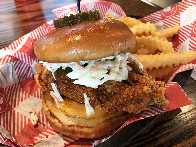 The sandwich that launched a thousand cravings&mdash;crispy chicken, cooling slaw, and pickles on a pillowy bun. Perfection needs no embellishment.