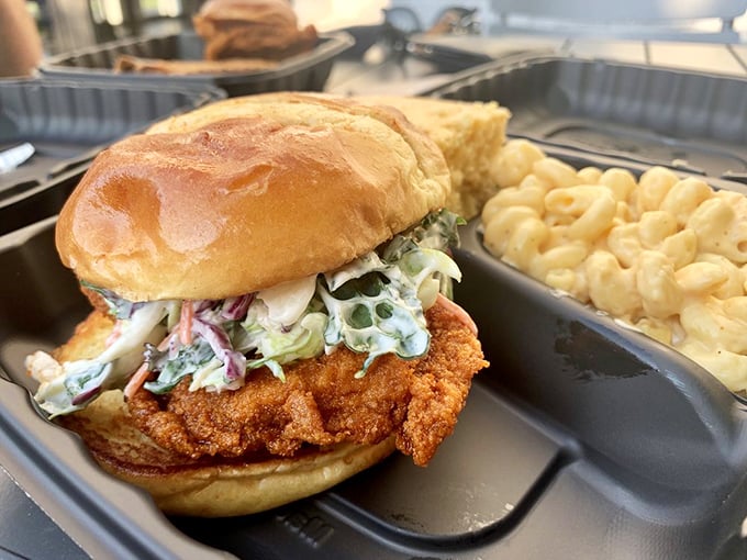 The chicken sandwich arrives like a crispy crown jewel, with slaw adding just the right crunch and creaminess to balance that perfectly fried breast.