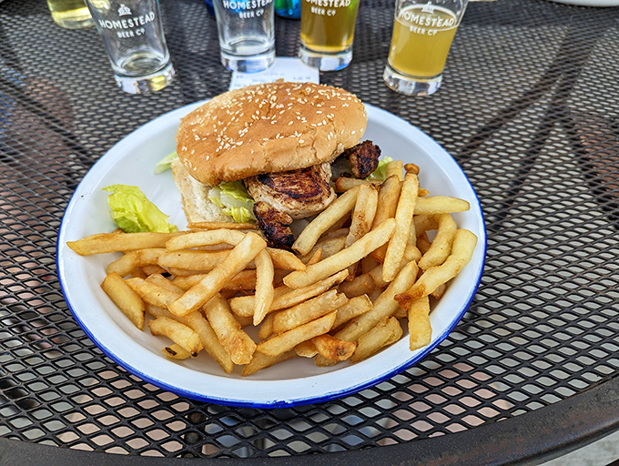 A chicken sandwich basking in the Ohio sunshine, proving that sometimes the simple pleasures are the ones worth driving for.