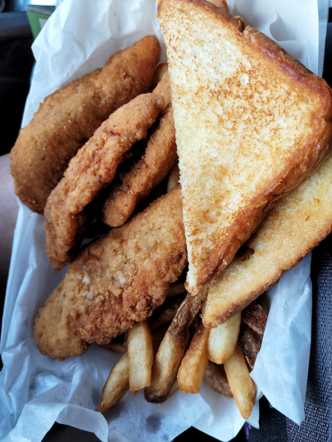 Golden-brown chicken tenders and toast&mdash;proof that sometimes the simplest pleasures are the most satisfying. Just add dipping sauce and happiness follows.