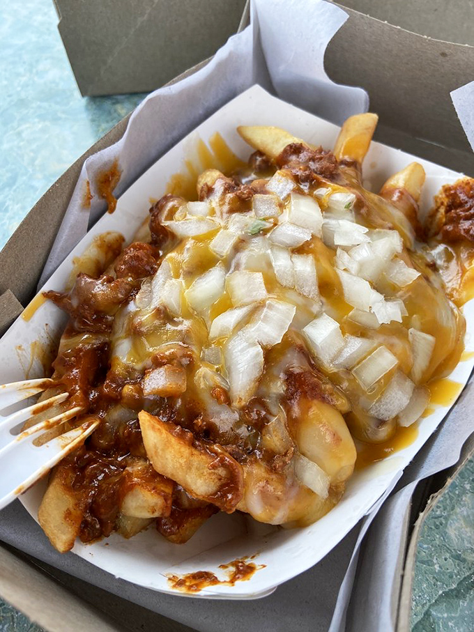 Chili cheese fries that make you question why anyone would waste time with plain ones. A beautiful mess worth every bite.