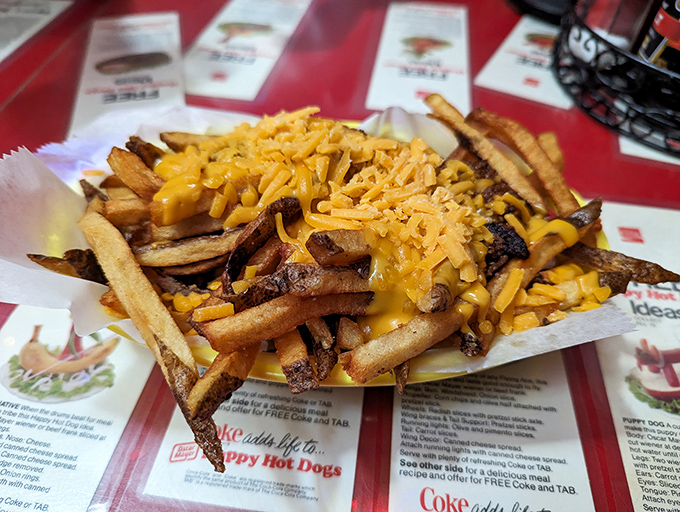 Chili cheese fries: where comfort food meets art form. The golden cheese blanket melts into every nook and cranny, creating edible treasure in every bite.