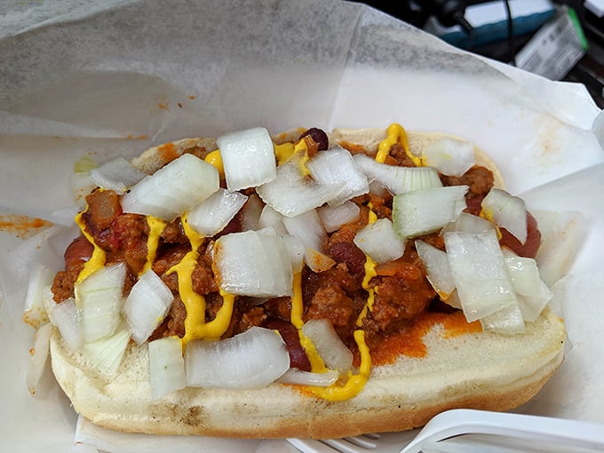 The Coney dog's midwestern cousin arrives loaded with chili, mustard, and onions&mdash;a beautiful mess worth every napkin you'll need afterward.