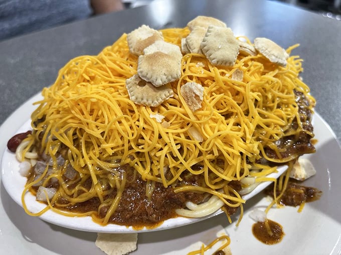 Behold the legendary Cincinnati "way"&mdash;spaghetti smothered in aromatic chili and crowned with a blizzard of finely shredded cheddar.