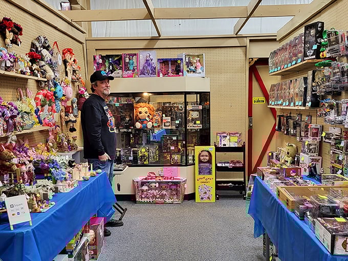 A vendor's toy booth bursts with nostalgic treasures, where childhood memories are stacked neatly on shelves, waiting to be rediscovered.