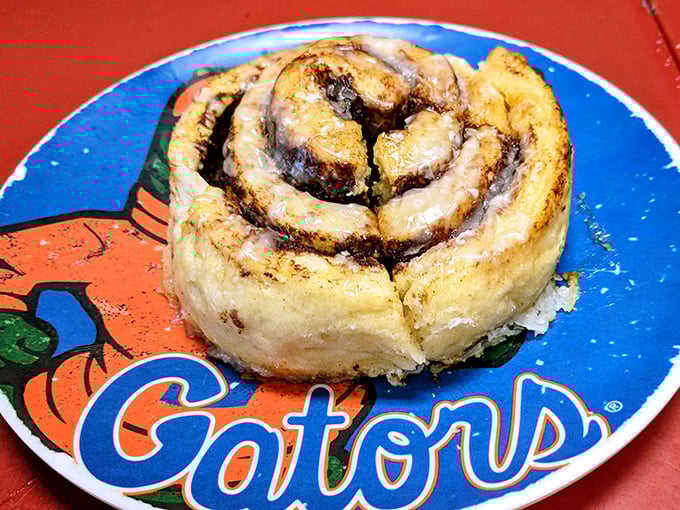 This cinnamon roll, served on a Gators plate, proves that even Florida's fiercest rivals can agree on one thing: breakfast perfection.