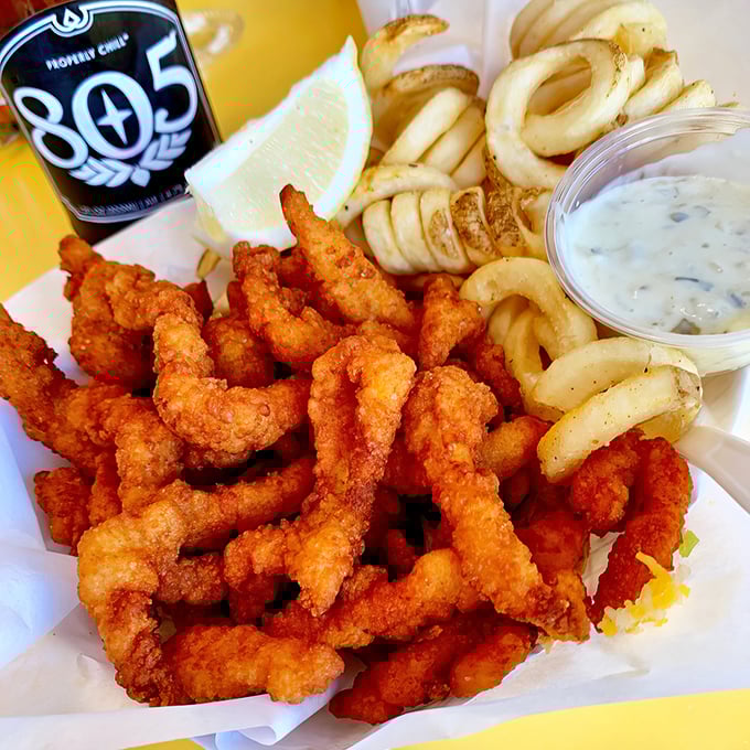 Golden clam strips that crunch louder than your knees getting up from the couch these days.