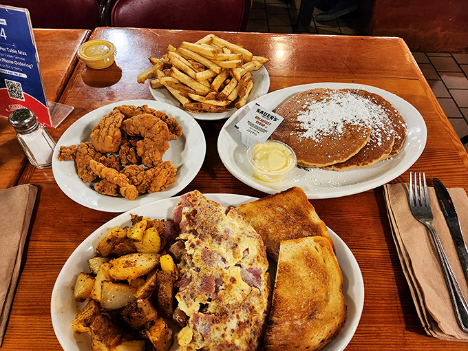 Breakfast perfection knows no time zone&mdash;crispy potatoes, fluffy omelet, perfectly cooked steak, and toast ready for butter baptism. Morning salvation at any hour.