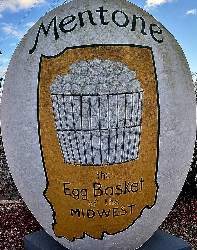 Up close, the egg's weathered charm reveals years of Indiana seasons, each adding character to this beloved local landmark.