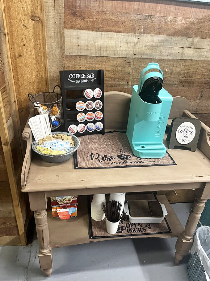 The vintage-inspired coffee station proves that morning rituals deserve their own dedicated altar, complete with turquoise Keurig pop.