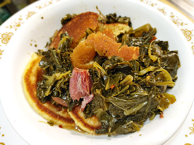 These collard greens have clearly been on speaking terms with a ham hock. The conversation was long, low, and exceptionally productive.