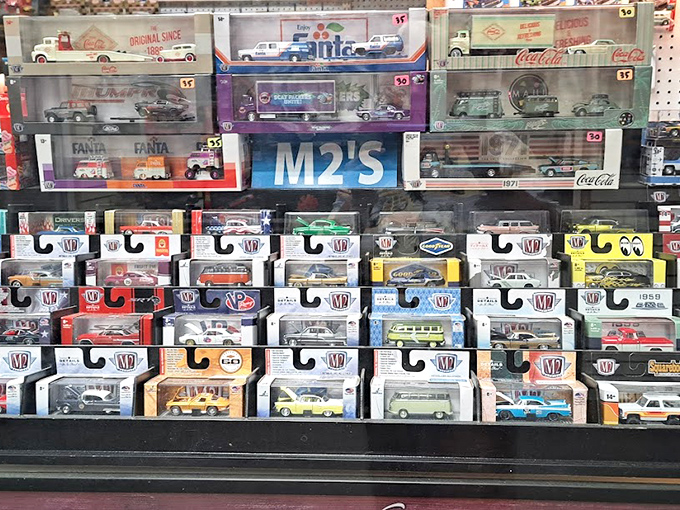 Miniature automotive history lines these shelves, where collectors debate the finer points of die-cast details with scholarly passion.
