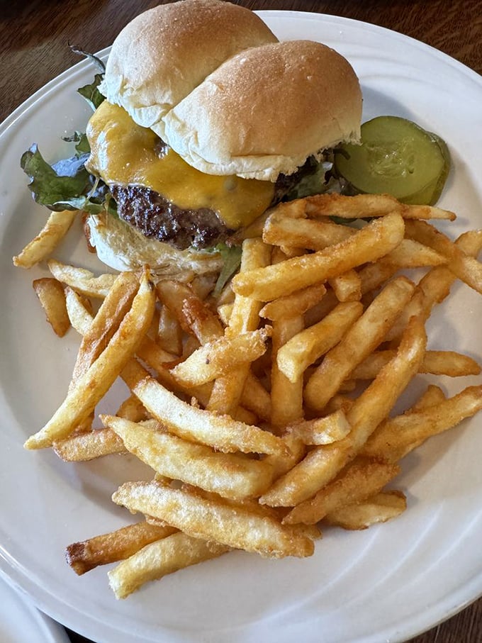 The classic burger and fries combo proves Duarte's excels beyond seafood. Those golden fries look like they've earned PhDs in crispiness. 