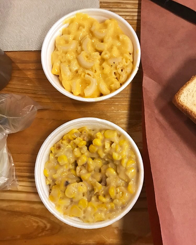 The supporting cast deserves applause too. These creamy co-stars of mac and cheese and corn casserole provide sweet relief between bites of smoky protein.