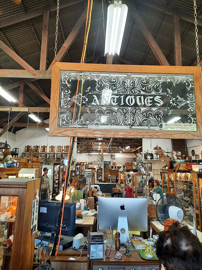 An ornate "Antiques" sign hangs like a chandelier, fancy enough to make your grandmother's crystal jealous.