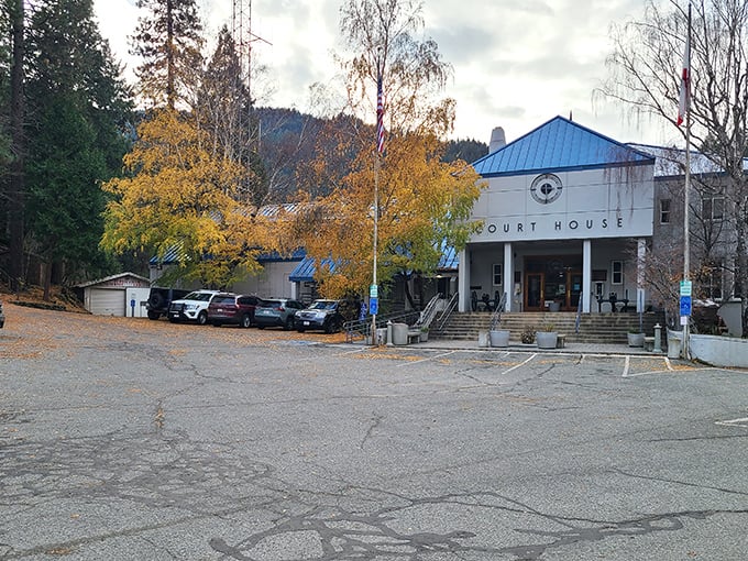 Sierra County's courthouse stands dignified against fall foliage. Justice moves at its own pace here, much like everything else in mountain time.