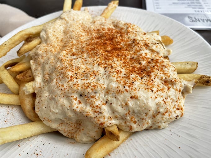Crabby Fries: Where french fries meet their destiny under a blanket of creamy crab dip and a dusting of Old Bay that whispers, "You're in Virginia now."