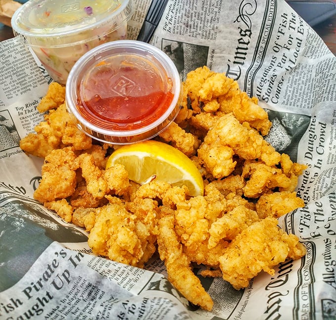 Golden-fried conch nuggets that crunch like your favorite childhood snack but taste like the ocean's finest offering.