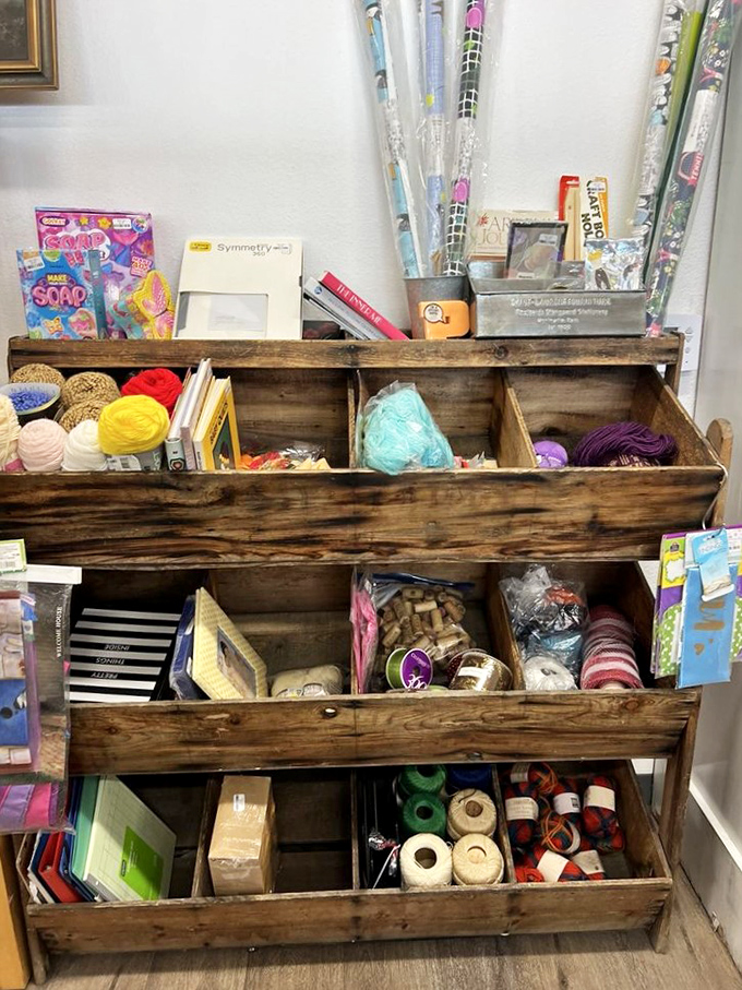 A crafter's dream come true! This rustic wooden organizer holds the raw materials of creativity&mdash;yarns, papers, and tools waiting for inspired hands.