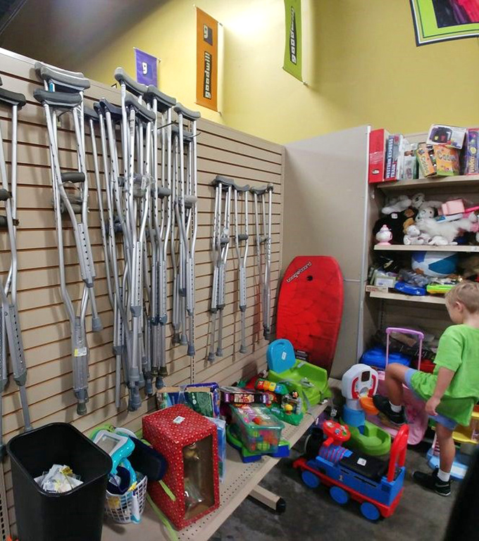 One shopper's medical misfortune becomes another's mobility solution. Meanwhile, the toy section awaits tiny treasure hunters with plastic gold.