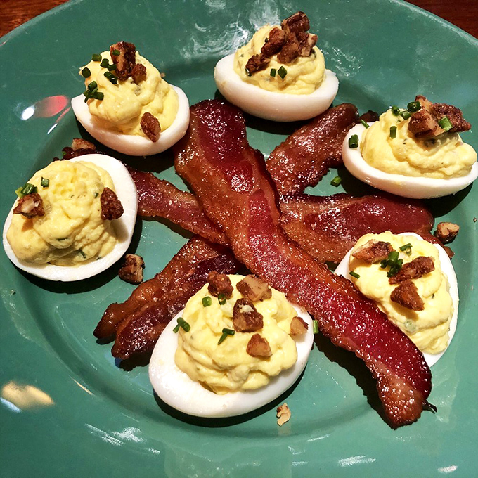 Deviled eggs with spiced pecans and sugar-cured bacon &ndash; proof that sometimes the best things in life come in small, eggy packages.