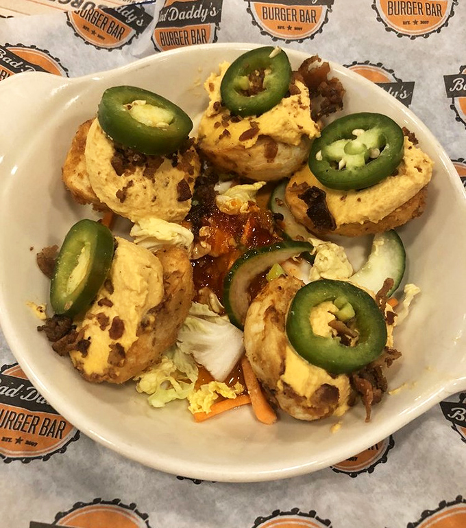 Deviled eggs get a Bad Daddy's makeover with jalape&ntilde;os on top&mdash;proof that even appetizers deserve their moment in the spotlight.