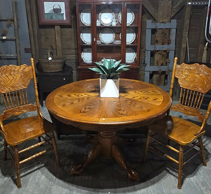 This dining set looks sturdy enough to survive another century of family dinners and heated Monopoly games.