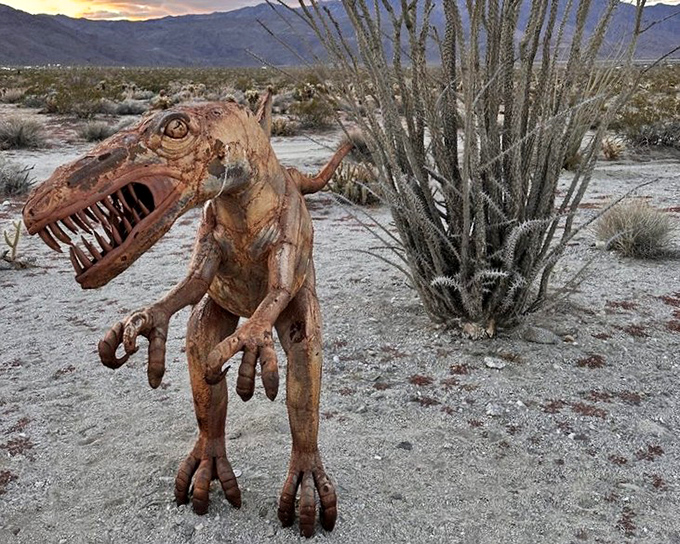 "Clever girl." This metallic raptor looks ready to pounce, frozen mid-hunt against a backdrop of ocotillo and creosote bush.