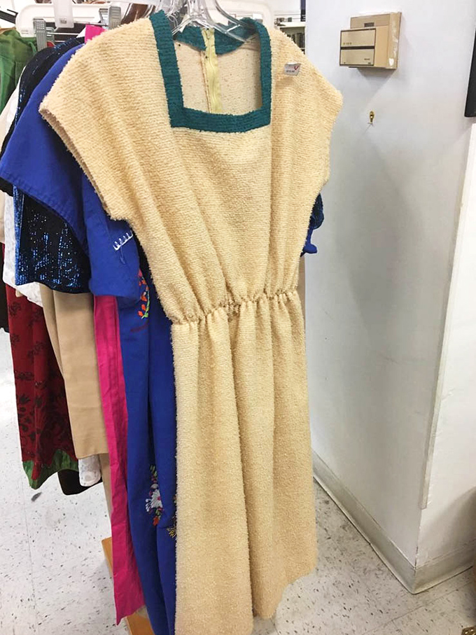 That terry cloth dress screams "1970s pool party at Sammy Davis Jr.'s house." Vintage gold waiting for its comeback moment.