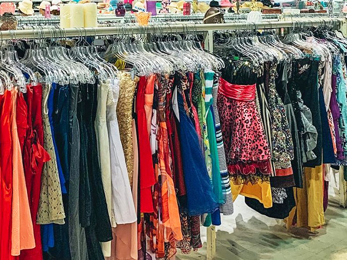 Dress racks bursting with possibilities for every occasion. From "meeting the in-laws" to "dancing till dawn," your next identity crisis is solved for under $10.