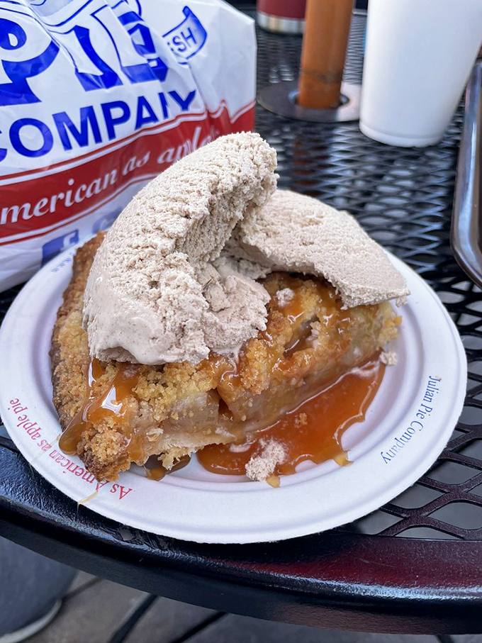 Dutch apple pie crowned with cinnamon ice cream&mdash;proof that sometimes more really is more, especially when it's melting into warm pie.
