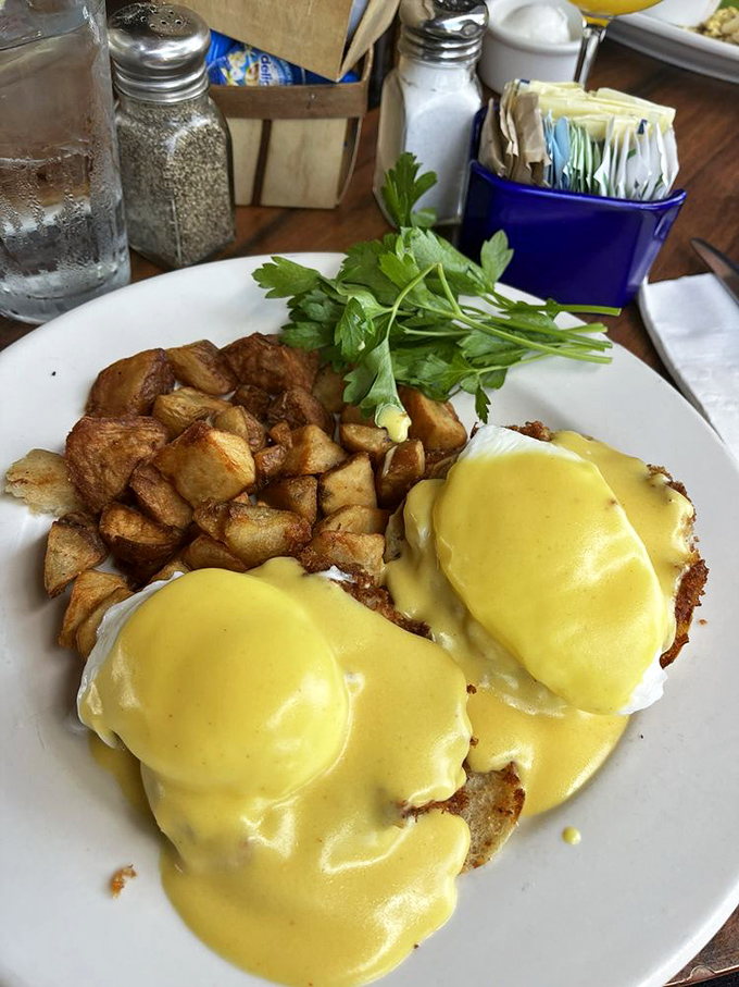 Eggs Benedict done right&mdash;hollandaise cascading like a golden waterfall over perfectly poached eggs. Breakfast architecture at its finest.
