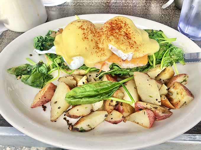 This Benedict isn't just breakfast—it's art. Golden hollandaise cascades over perfectly poached eggs while potatoes stand by, ready for their supporting role.