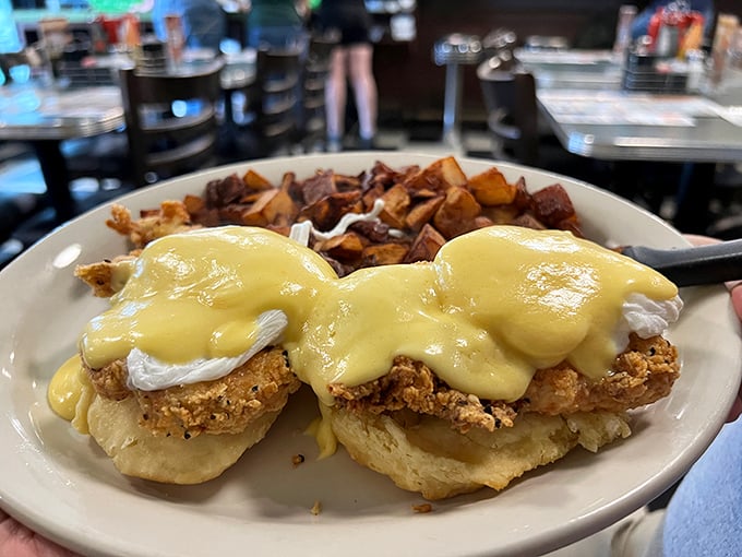 Eggs Benedict elevated to art form. Crispy fried chicken replaces Canadian bacon in this Southern twist that makes hollandaise sauce even more exciting than usual.