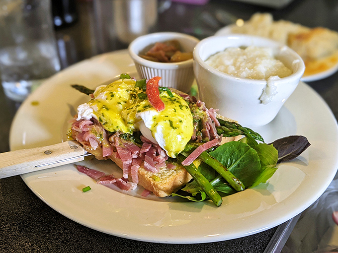 Eggs Benedict done right &ndash; when the hollandaise flows like liquid gold over perfectly poached eggs and crispy asparagus.