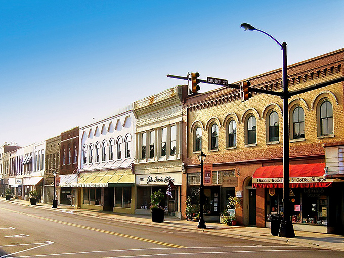 Downtown Elkin's historic district showcases a rainbow of architectural personalities, each building telling its own chapter of the town's colorful story.