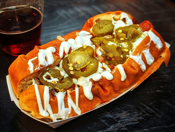 When a hot dog dreams big, it becomes this&mdash;topped with jalape&ntilde;os and sauce, it's comfort food with ambition.
