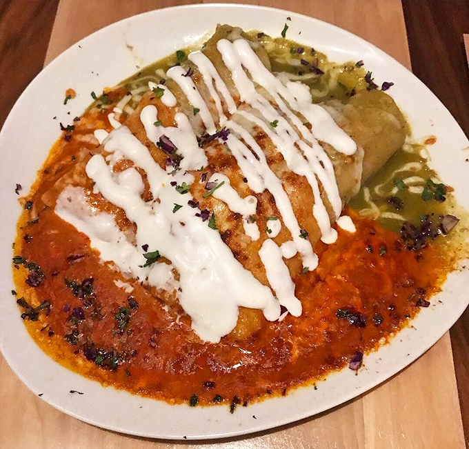 The enchilada trinity: red sauce, green sauce, and a drizzle of crema that ties it all together like the perfect culinary conclusion.