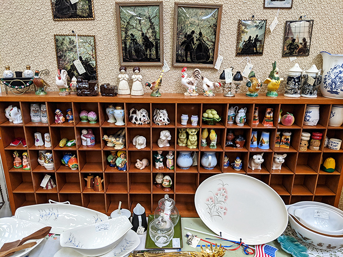 A miniature menagerie organized with the precision of Noah's Ark inventory manager. That rooster salt shaker has seen things you wouldn't believe.