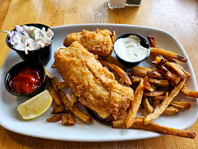 Fish and chips that would make the British jealous, with a golden-crisp exterior giving way to flaky white fish within.