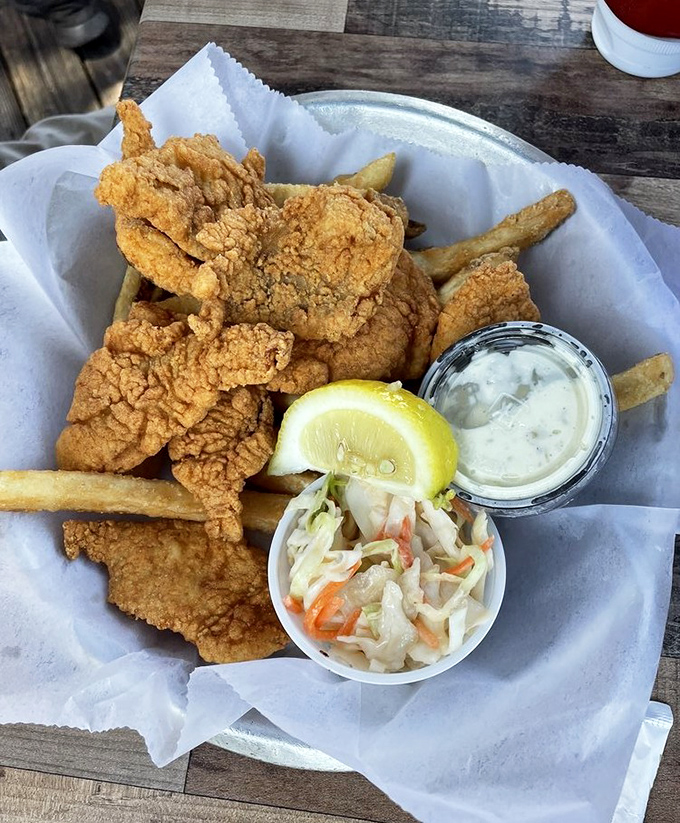 Golden fish and crispy chips that would make any British pub weep with envy.